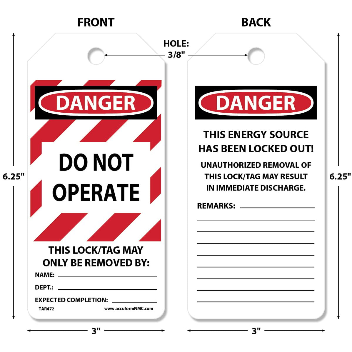Accuform TAR472 250 Lockout Tags by-The-Roll, "Danger Do Not Operate ...