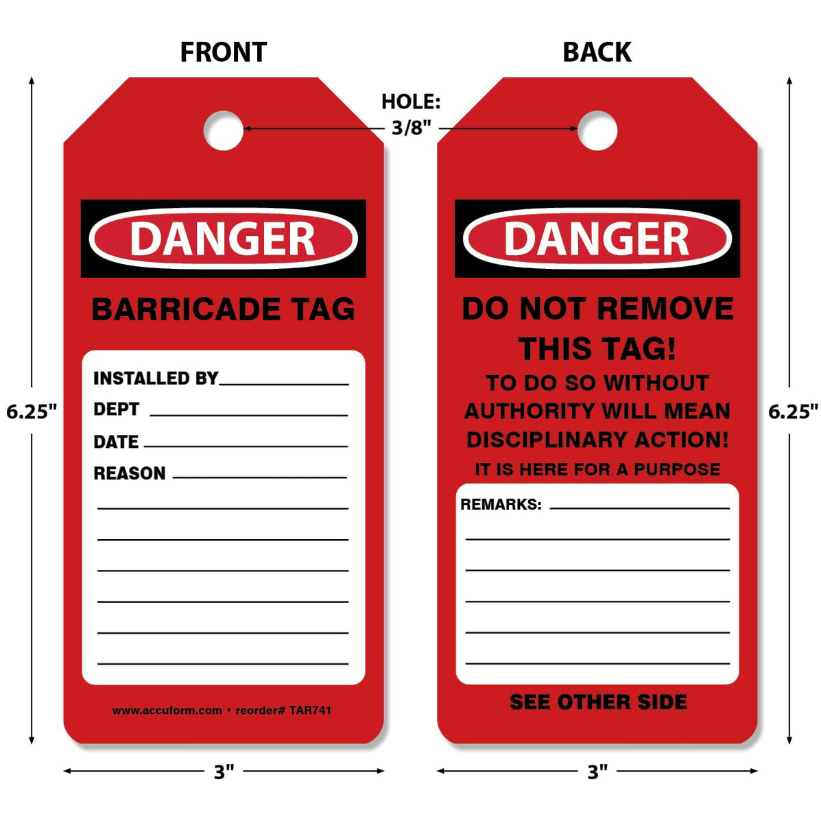 Accuform TAR741 Red Barricade Tag, Safety Tag, Hazard Warning, Danger ...
