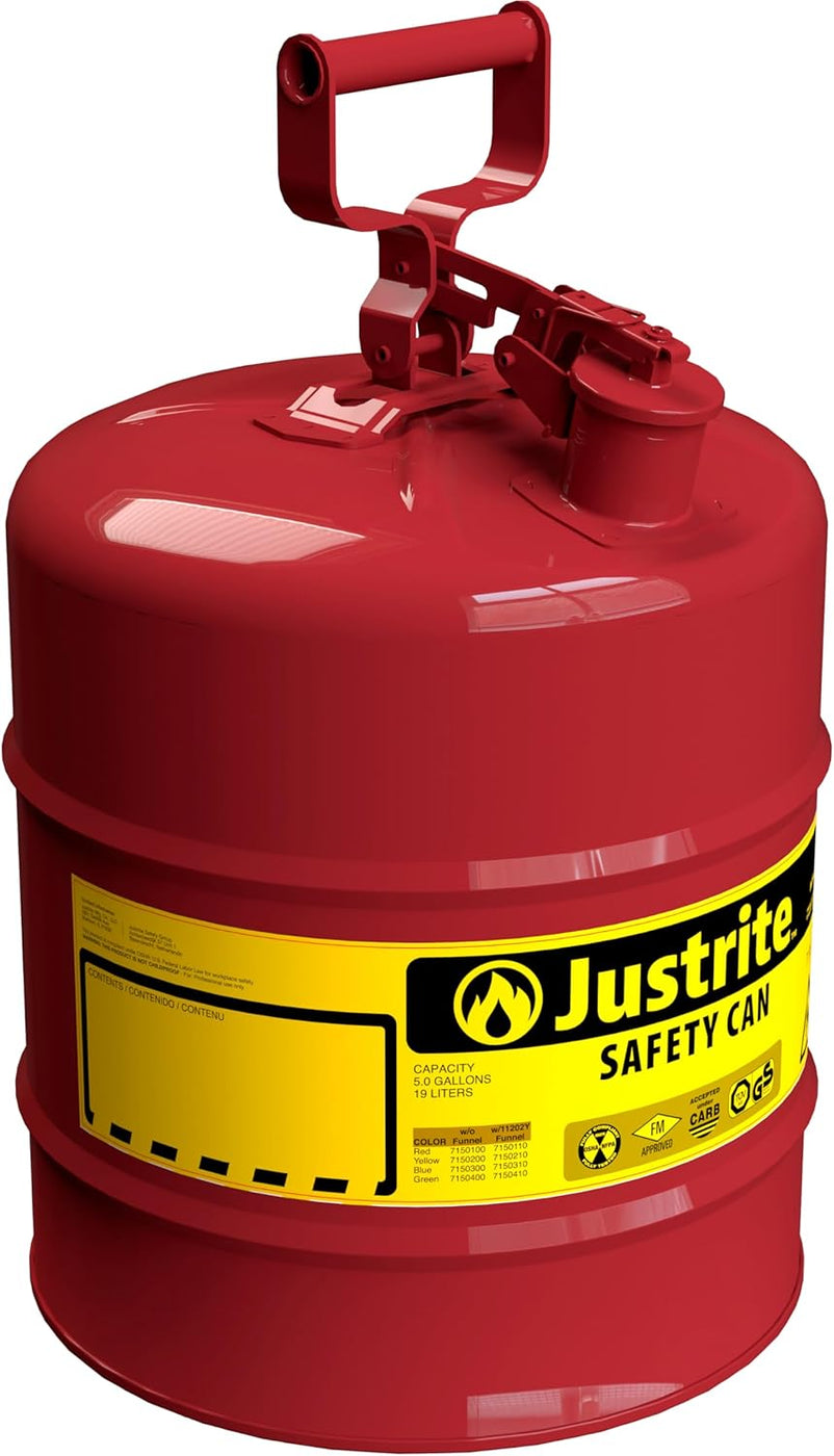 Justrite 5 Gallon Type I Red Safety Gas Can for Gasoline with Flame Ar ...
