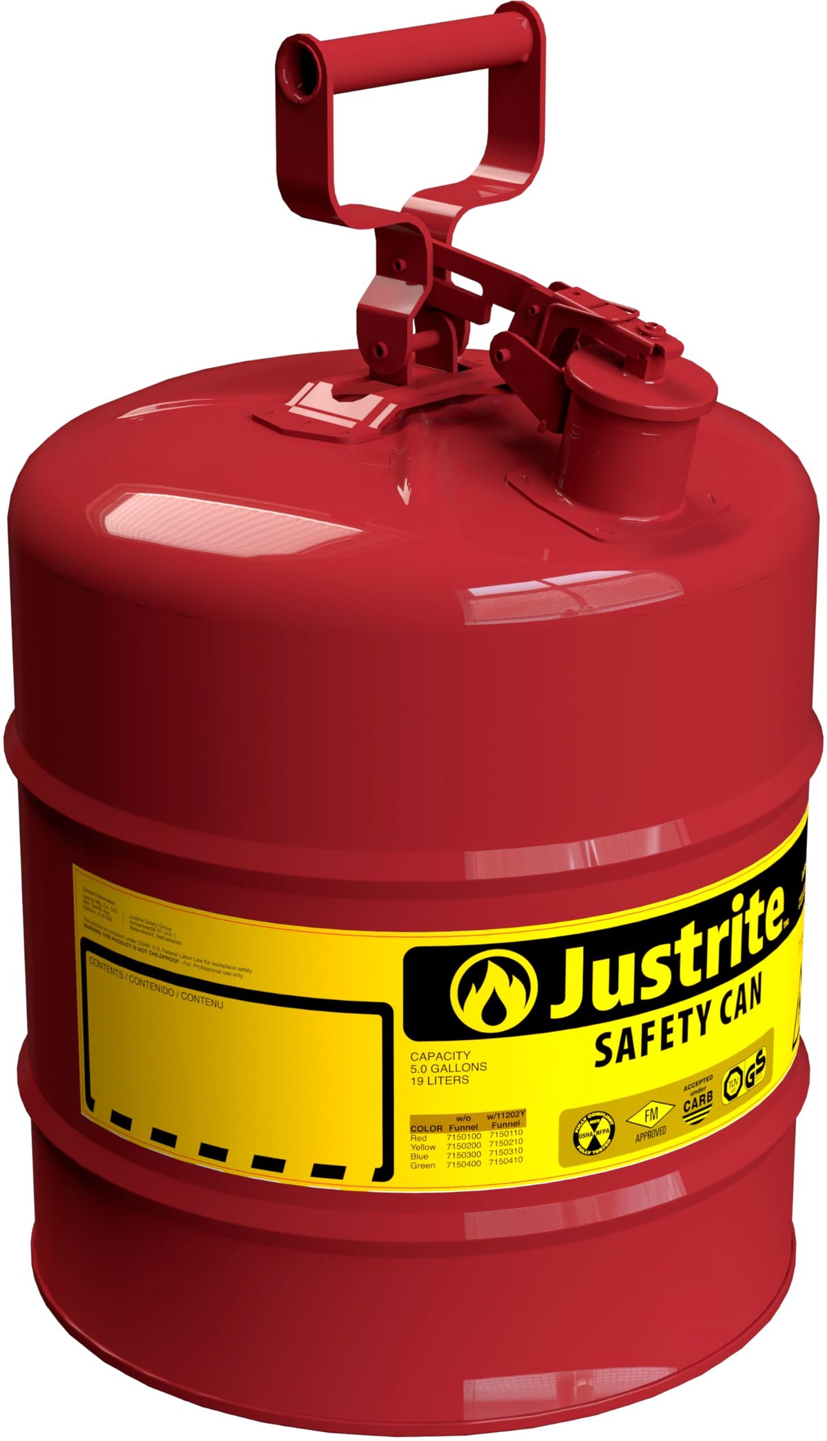 Justrite 5 Gallon Type I Red Safety Gas Can for Gasoline with Flame Ar ...