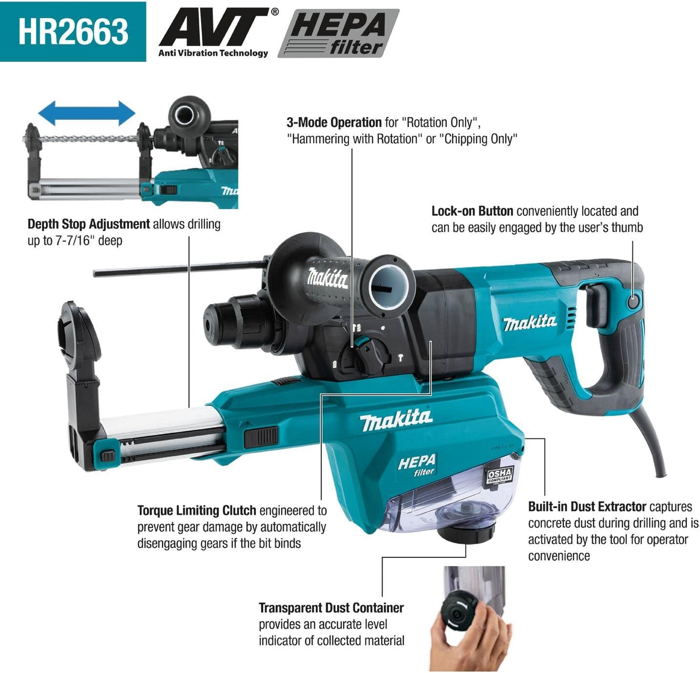 Makita HR2663 1" SDS-PLUS AVT Rotary Hammer, with HEPA Dust Extractor ...