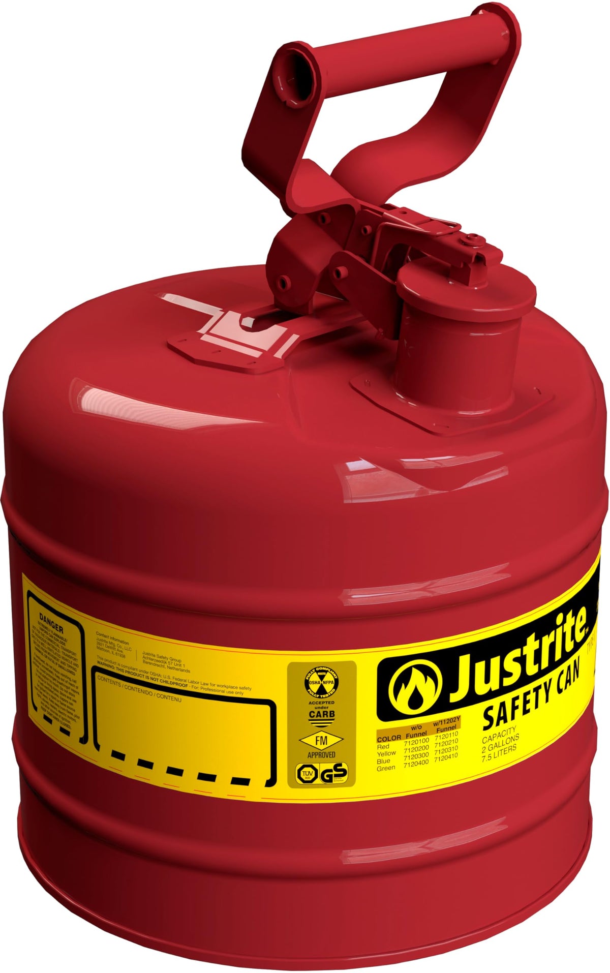 Justrite 2 Gallon Type I Red Safety Gas Can for Gasoline with Flame Ar ...