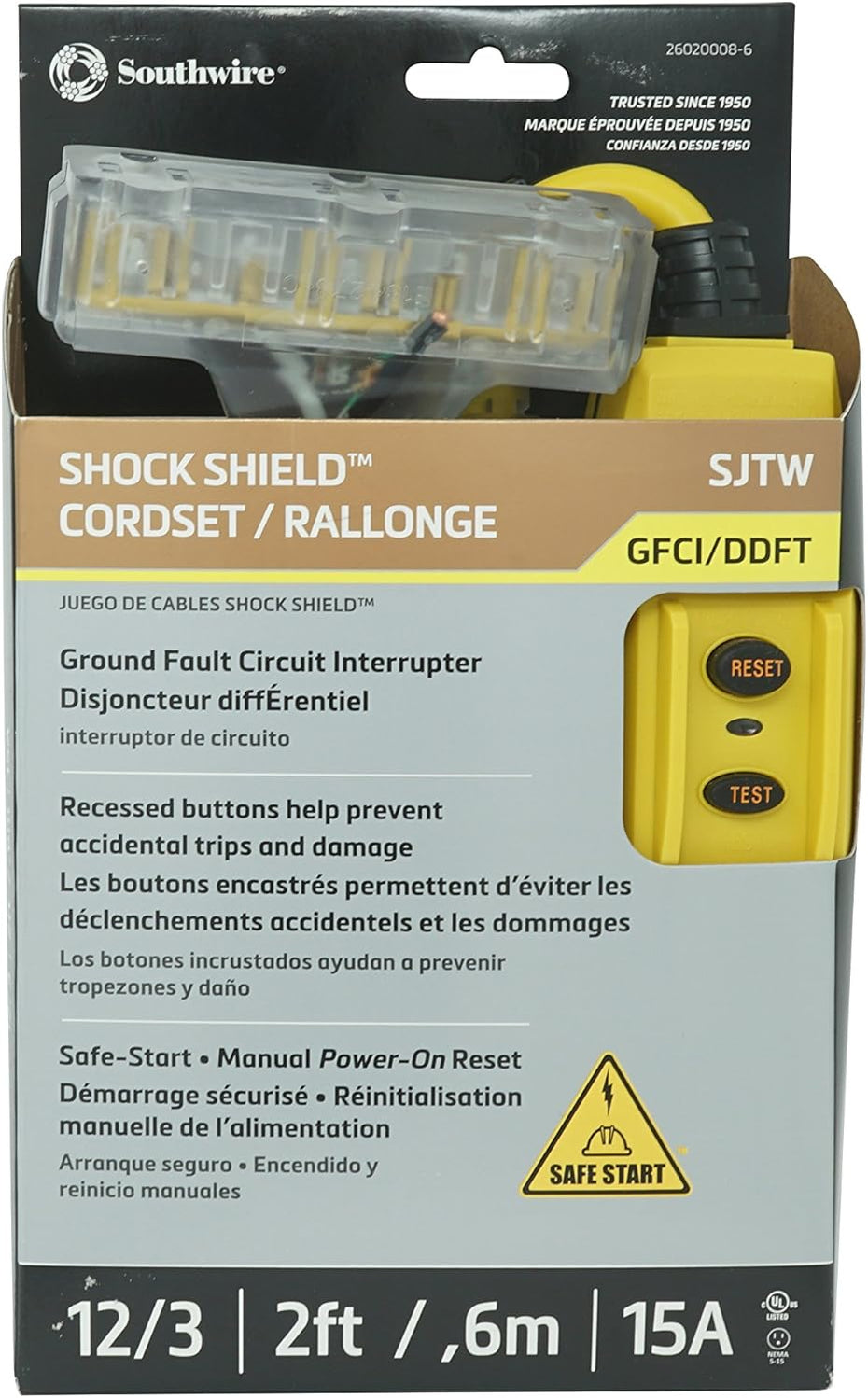 Southwire 26020008-6 12/3 Gauge Shockshield GFCI Protected In-line Tri ...