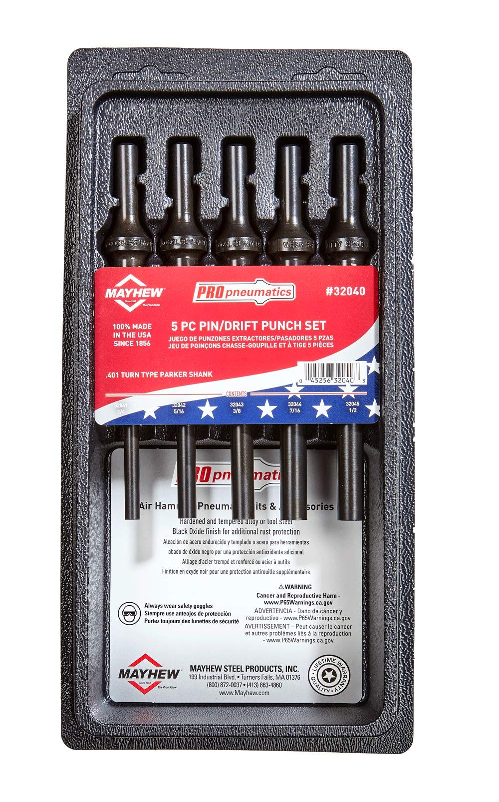 Mayhew Tools 32040 Pneumatic Pin/Drift Punch Set, 5-Piece, Black Oxide ...