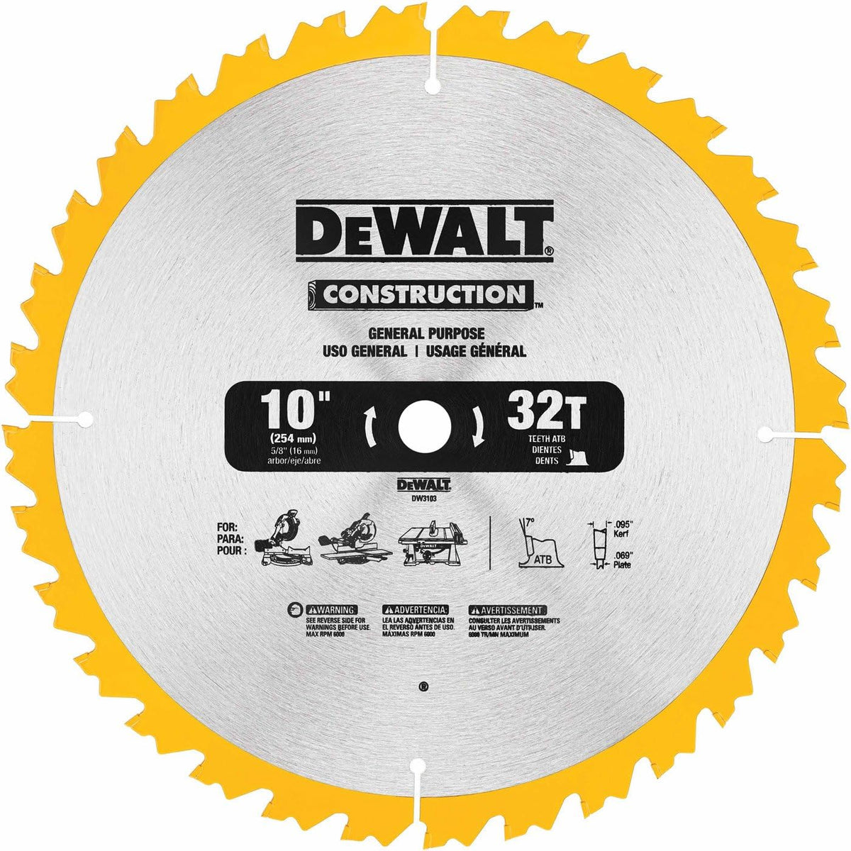 DeWALT (DW3103) Series 20 10-Inch 32 Tooth ATB Thin Kerf General Purpo ...